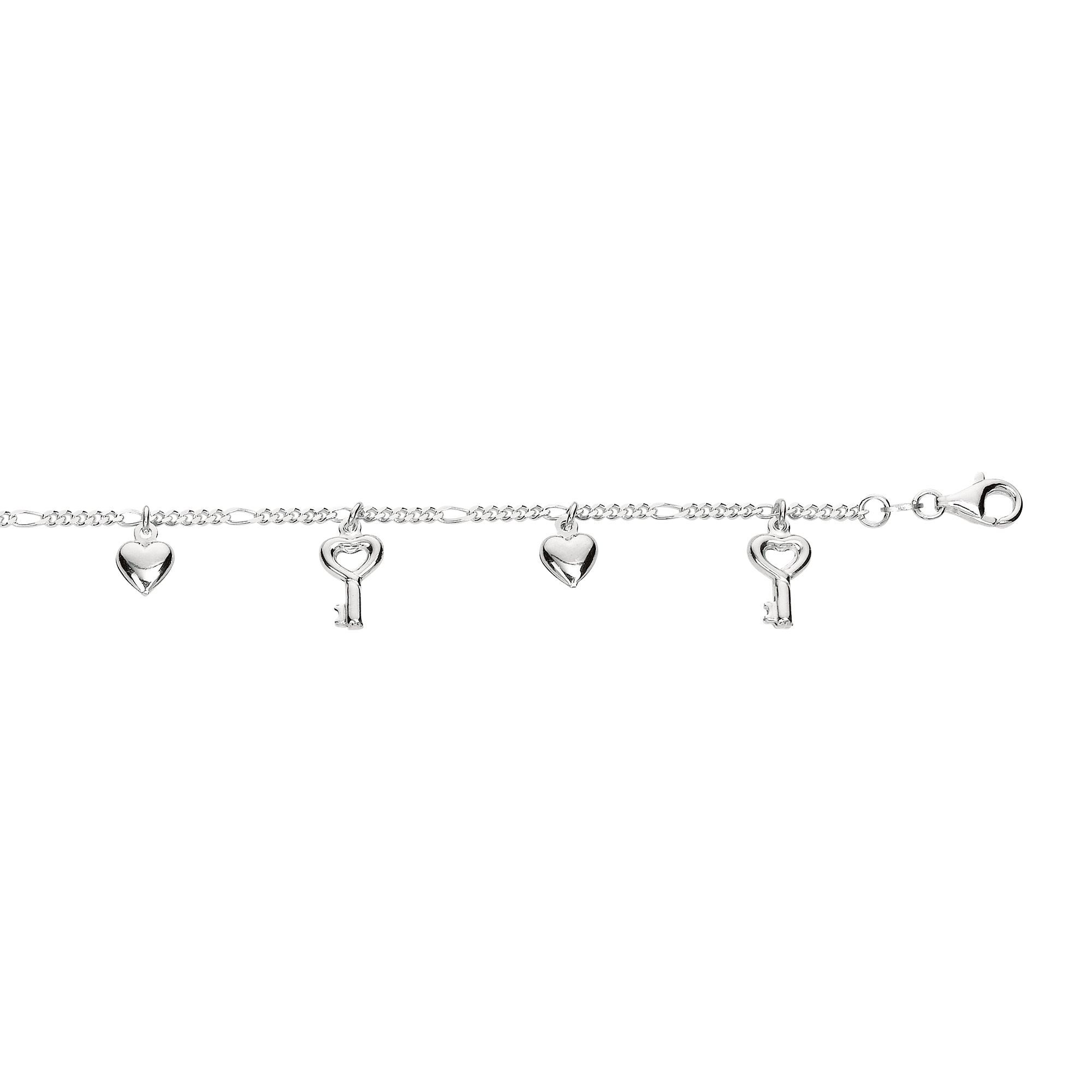 AGANK151 Silver Dangle Key and Hearts Anklet | Royal Chain Group