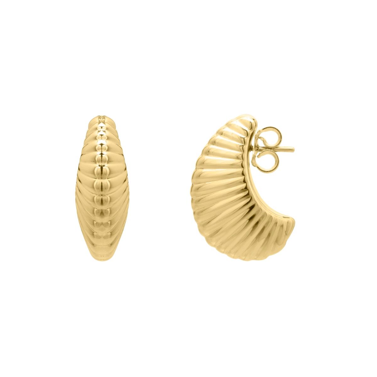e15943 14K Gold Graduated Puffy Ribbed Shell Hoops | Royal Chain Group